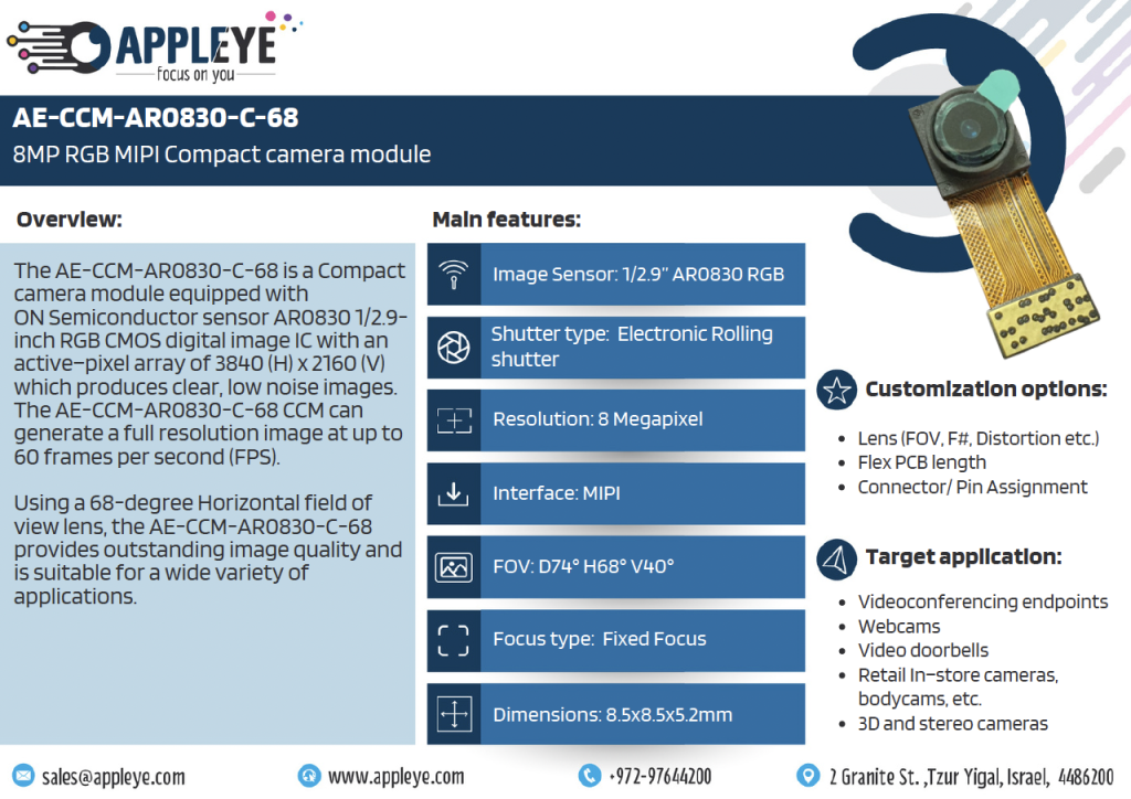 AE-CCM-AR0830-C-68 | 8MP RGB MIPI Compact camera module – Appleye ...