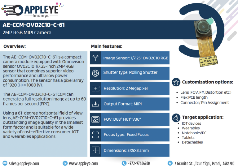 AE-CCM-OV02C10-C-61 | 2MP RGB MIPI Camera - Appleye - Focus on you
